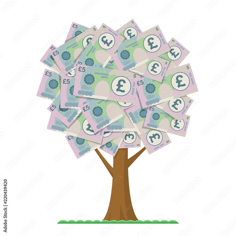Money tree, pound banknotes instead of leaves isolated on white ...