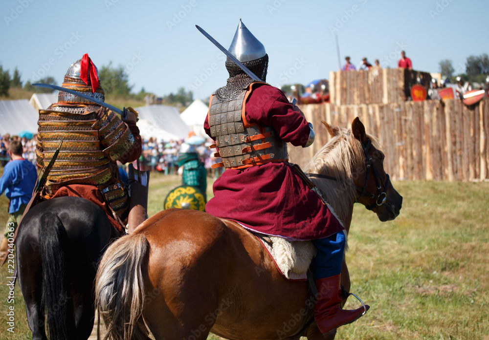 Reconstruction. Country. Medieval knight whith lance on horse from ...