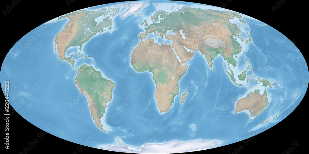 Map of the world in Mollweide projection - shaded relief, the map ...