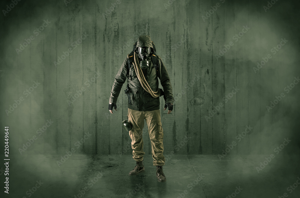 Dreadful dangerous man with wood, shanty wallpaper and fume around ...
