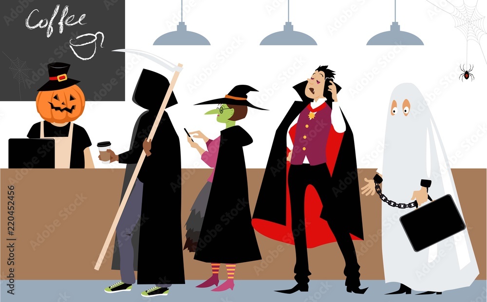 Diverse group of people in Halloween costumes standing in line to a ...