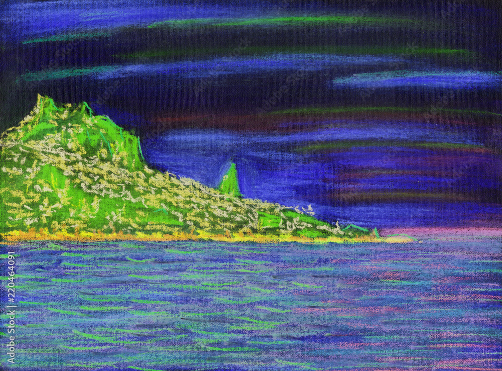 Calm seascape. Rocky cape with forest. Smooth sea and light clouds ...