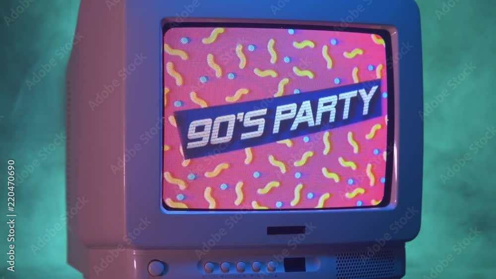 Video „90's Party animation on a old vintage TV screen. Zooming out ...