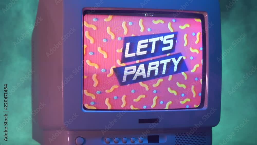 Let's Party animation on a old vintage TV screen. Zooming out with fog ...