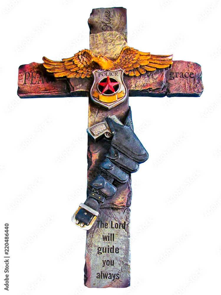 Decorative cross - emblem with crucifix, police badge, an eagle, a gun ...