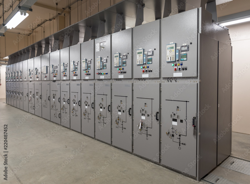 Electrical switch panel of switchgear room at power plant. Stock Photo ...