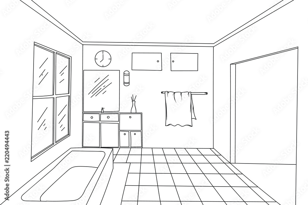 Bathroom interior hand drawing wireframe scene vector on a white ...
