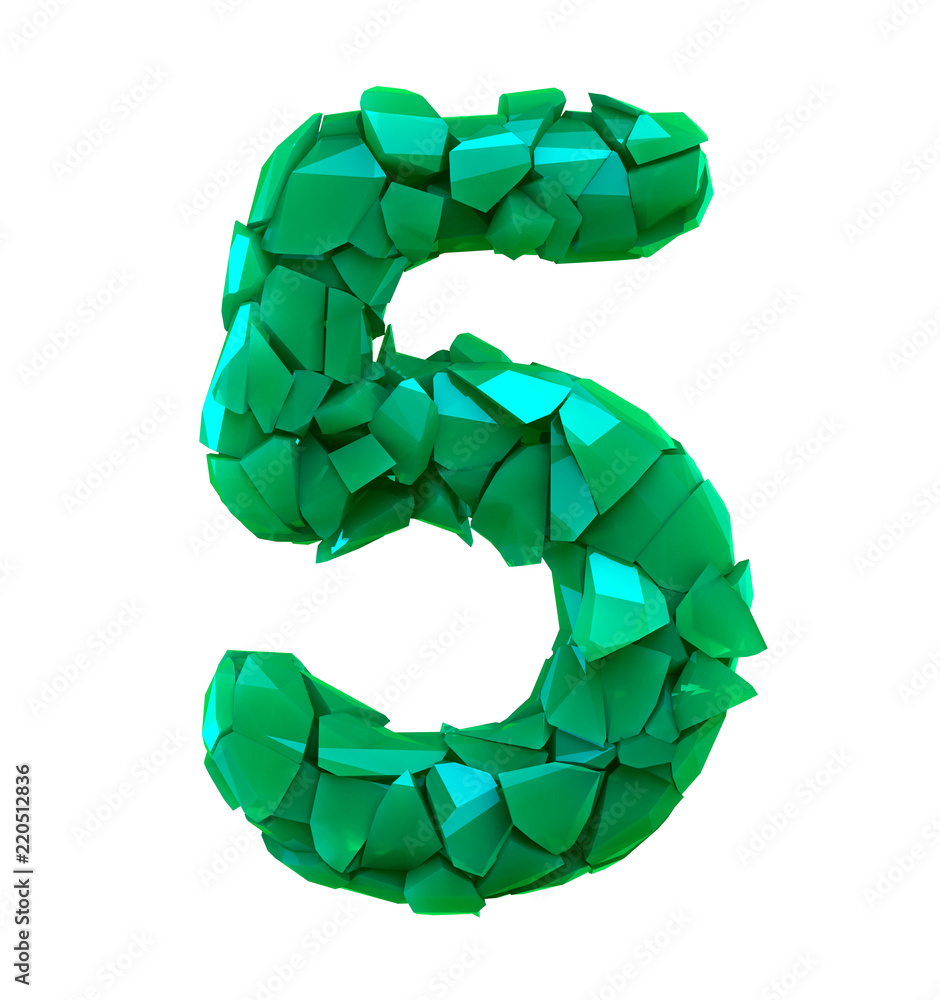 Number five 5 made of broken plastic green color isolated white ...