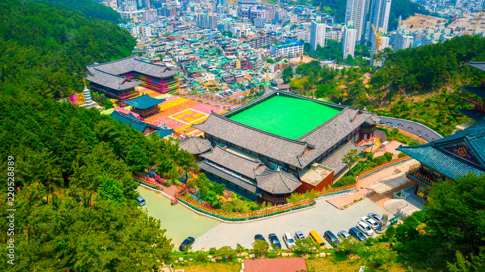 Aerial view of Samgwangsa temple in Busan city of South Korea. Thousands of paper lanterns ...