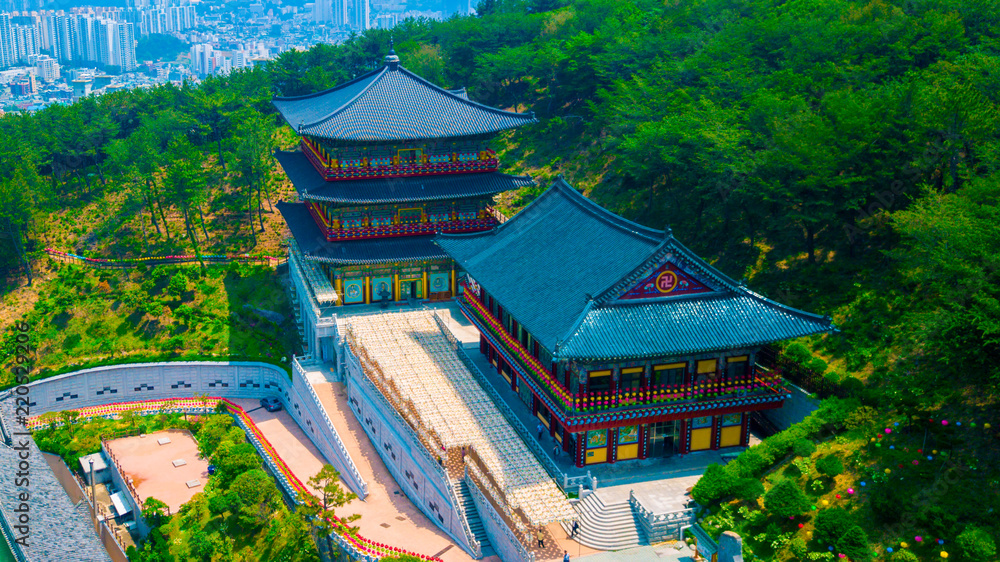 Aerial view of Samgwangsa temple in Busan city of South Korea. Thousands of paper lanterns ...