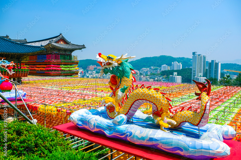 Aerial view of Samgwangsa temple in Busan city of South Korea. Thousands of paper lanterns ...
