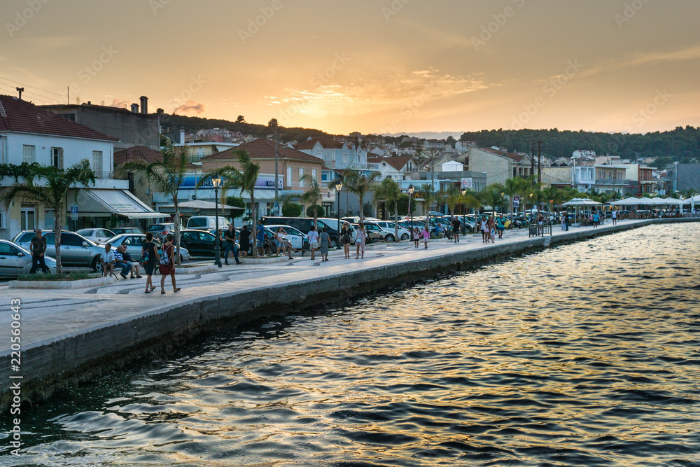 Panoramic sunset view of Argostoli city in Kefalonia Greece. View of ...