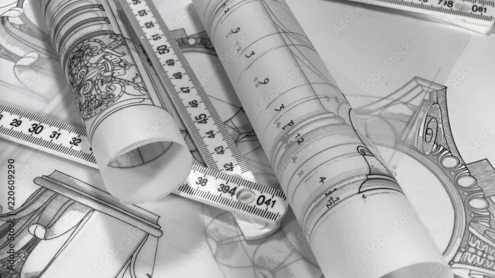 Blueprints - rolls of architectural drawings, yardstick - folding ruler ...