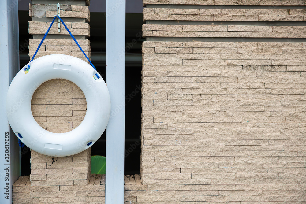 Close up lifebuoy, all water rescue emergency equipment. white lifebuoy ...