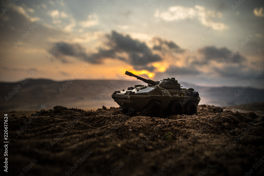 War Concept. Military silhouettes fighting scene on war fog sky ...