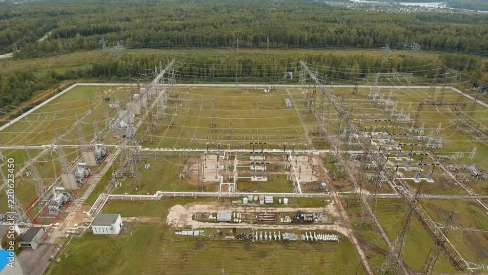 Aerial view Power plant, transformation station, cables and wires. High ...