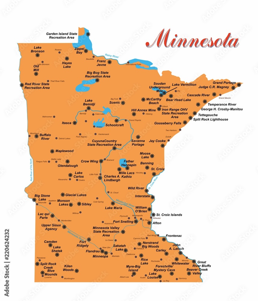Illustration of a map of Minnesota with major cities and national parks ...