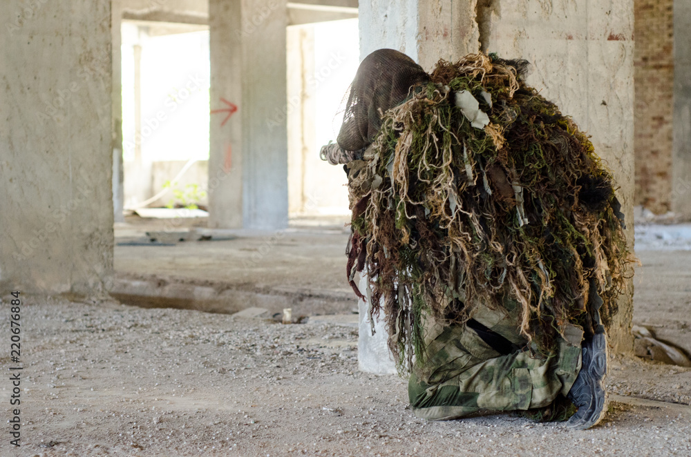 Sniper kneeling supported firing position ghillie suit ,inside building ...