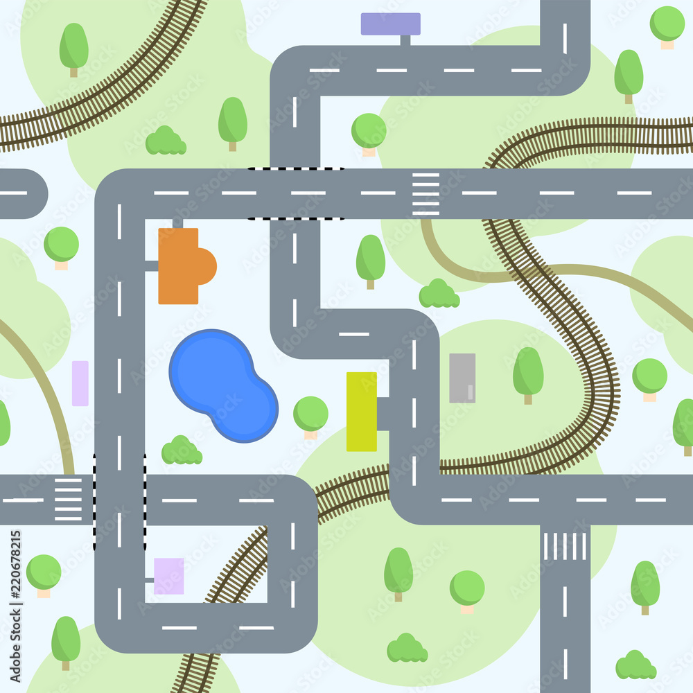 Streets seamless pattern with streets, asphalt roads, lake and beach ...