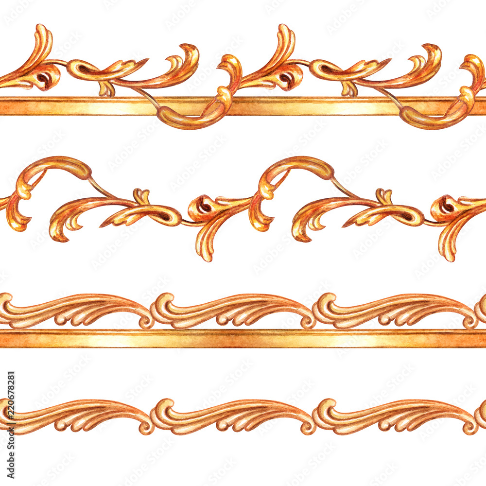 Golden seamless border of baroque, watercolor pattern on white ...