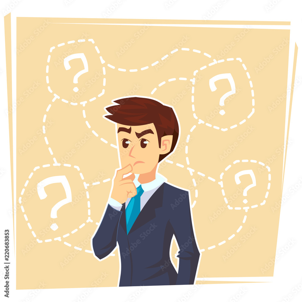 Thinking businessman standing under question marks. Young caucasian ...