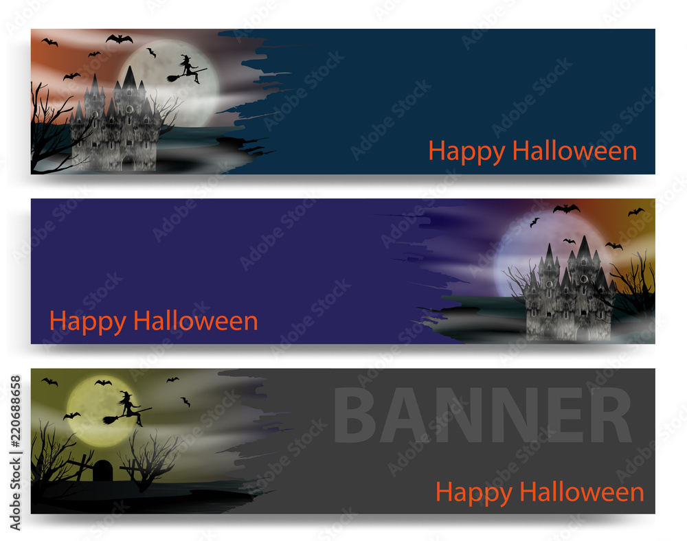 Halloween banners collection with gothic castle, flying young witch ...