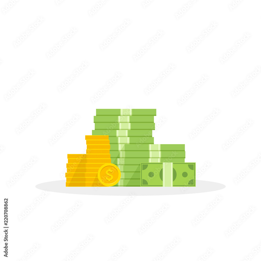 Big pile of money and coins, heap of cash flat cartoon style. Vector ...