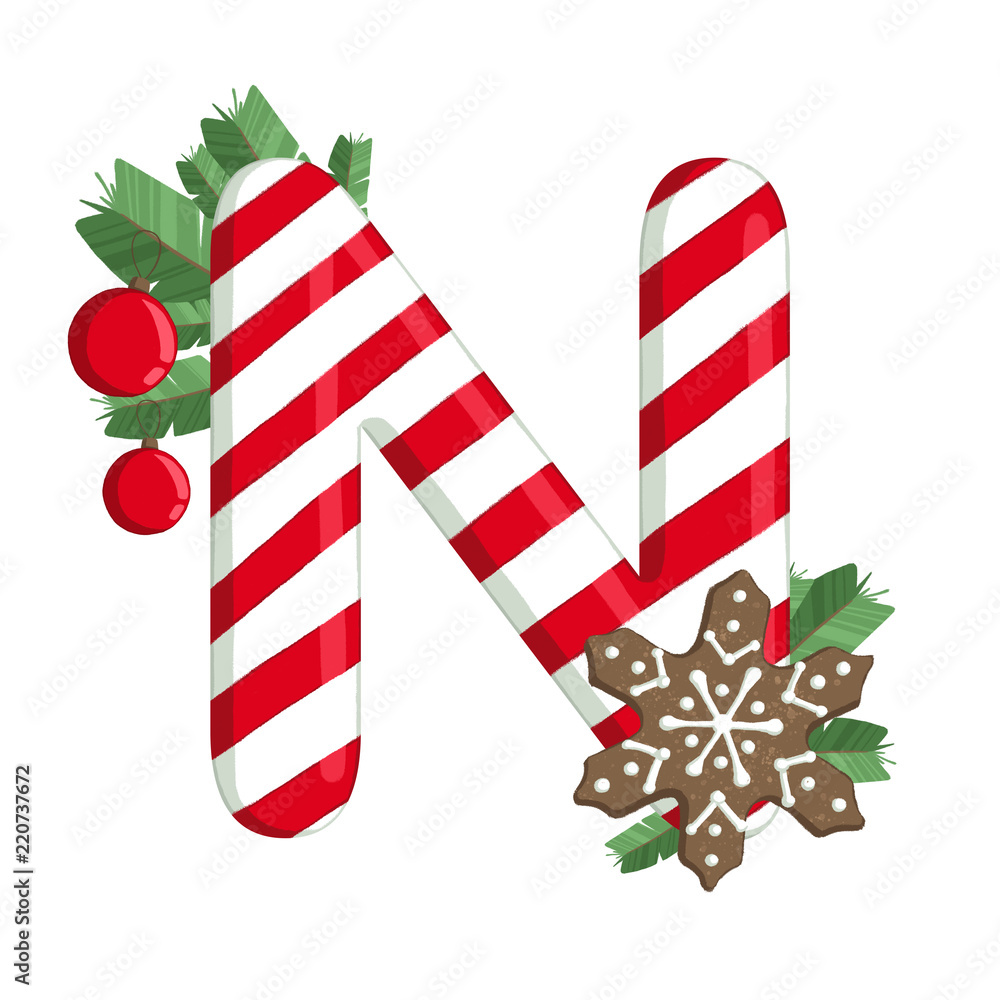 Christmas alphabet. Illustration of letter N with tree, gingerbread and ...