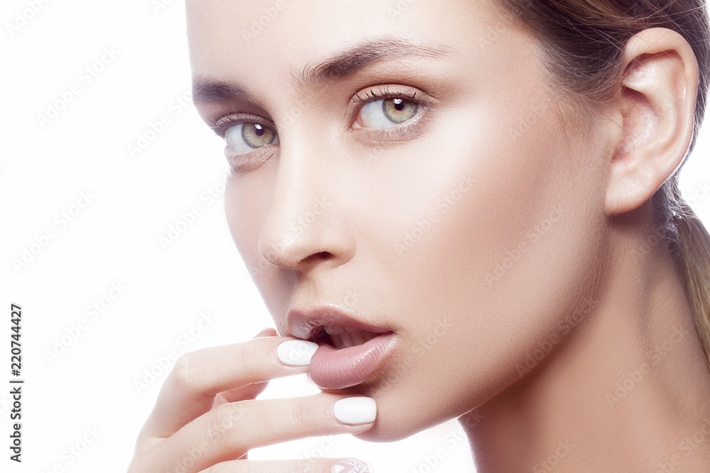 Beautiful Caucasian Fasion Model Girl Face Close Up With Fresh Clean
