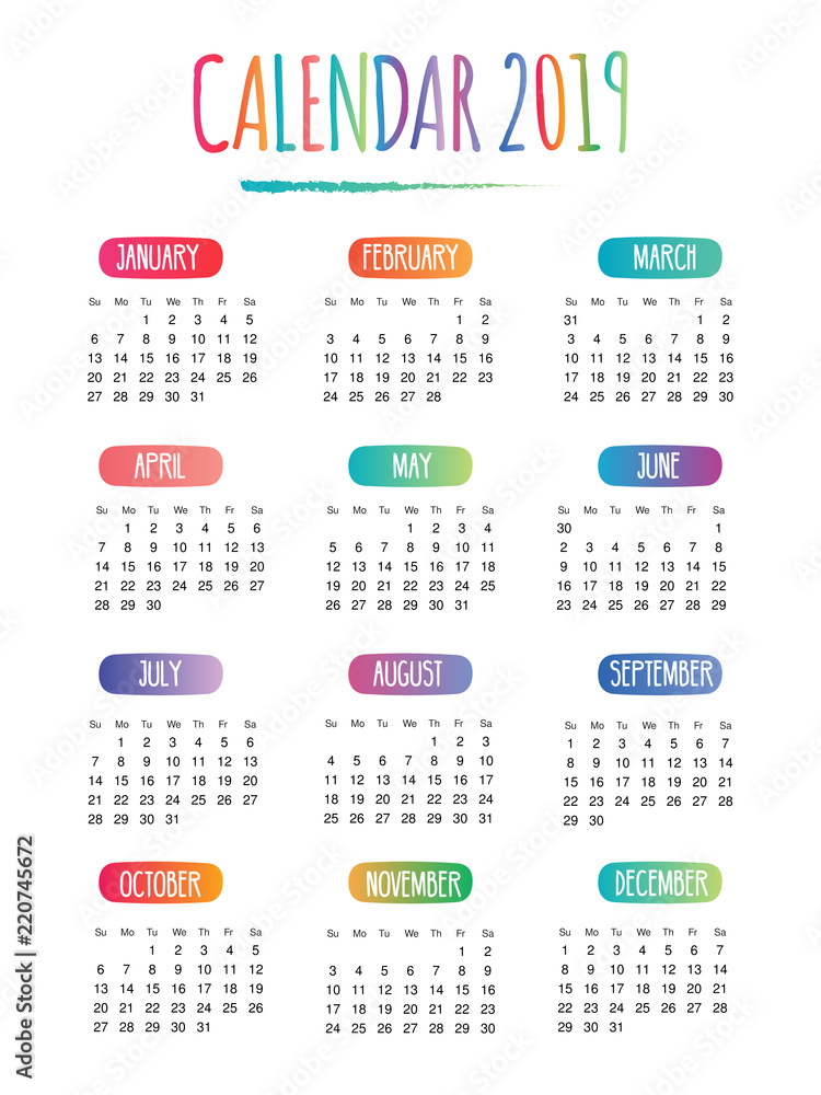 2019 Calendar doodle drawing Vector with week starting on sunday in ...
