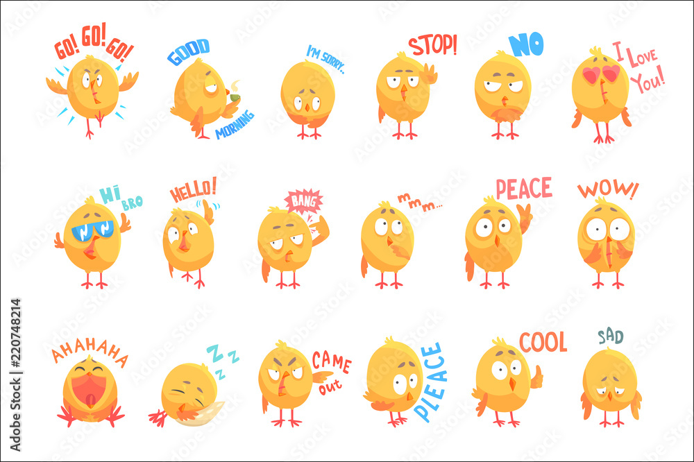 Cute cartoon chickens characters with different emotions and phrases ...