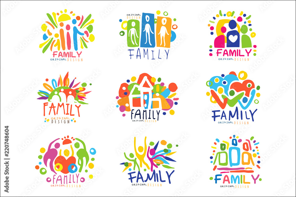 Family colorful labels original design, set of logo graphic templates ...