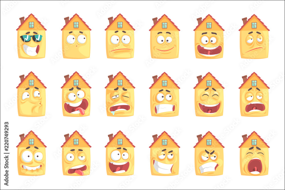 Cute cartoon humanized house with with many expressions set of vector ...