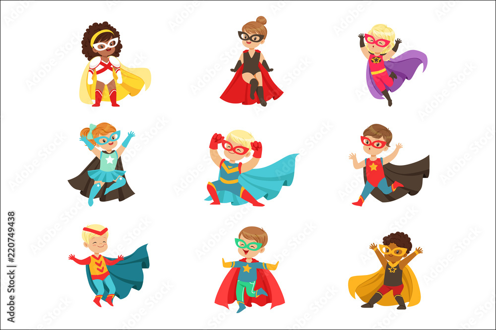 Superhero girls and boys set, kids in superhero costumes colorful ...
