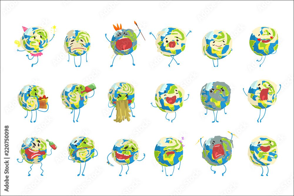 Cute funny world Earth emoji showing different emotions set of colorful ...