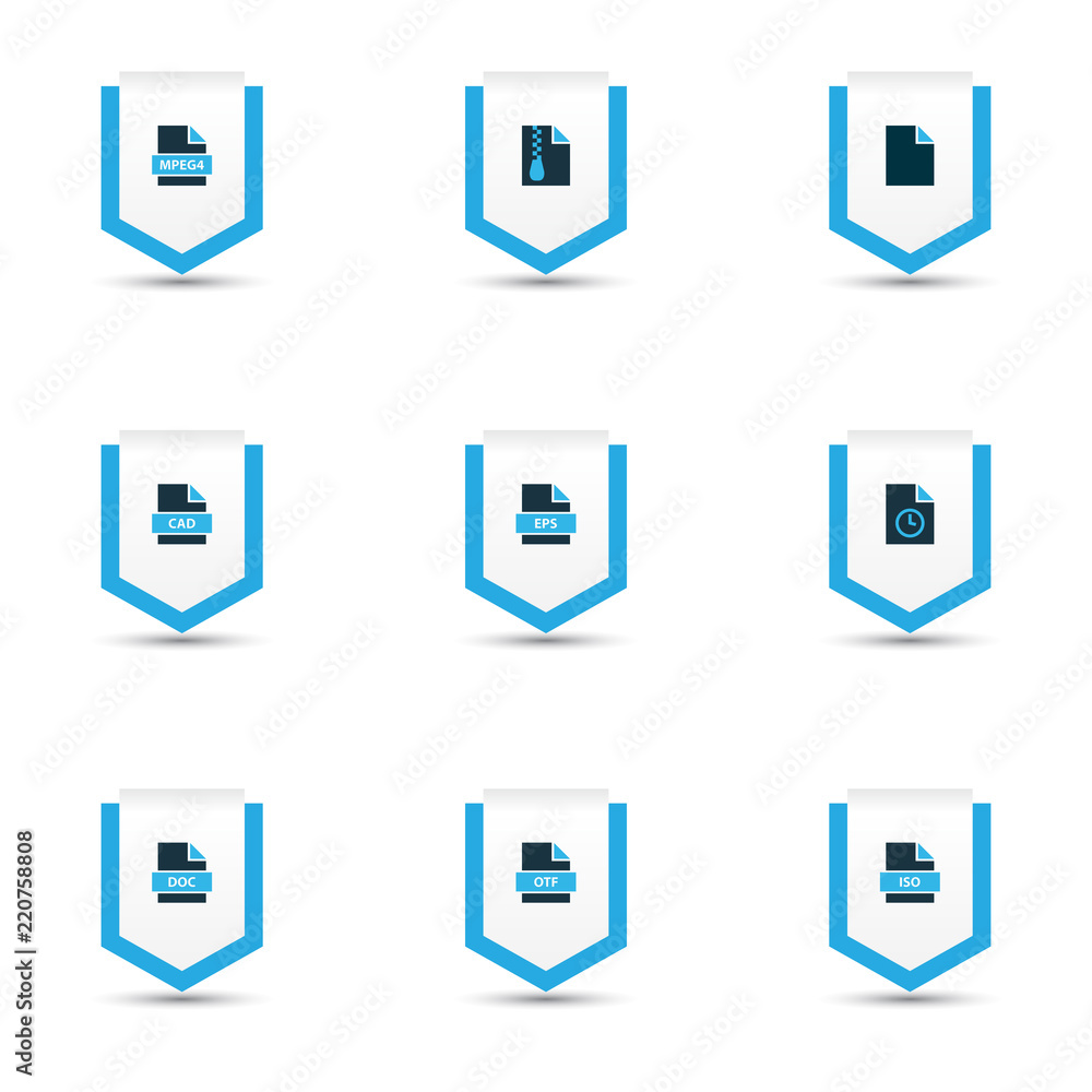 Types icons colored set with text, file cad, file archive and other zip ...