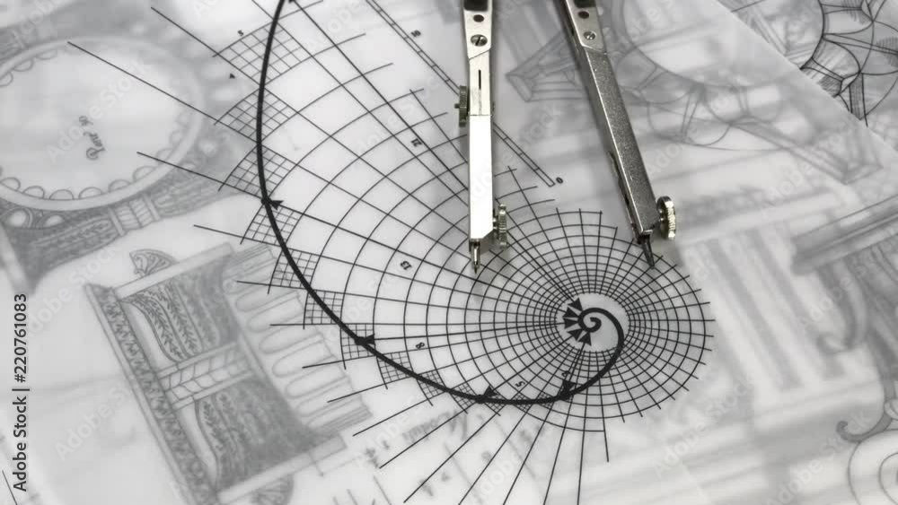Vidéo Stock architectural blueprints, compass, drawing of the golden ...