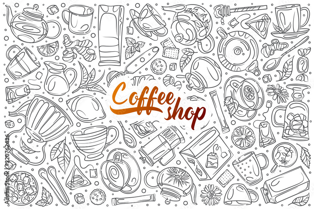Hand drawn coffee shop set doodle vector background Stock Vector ...