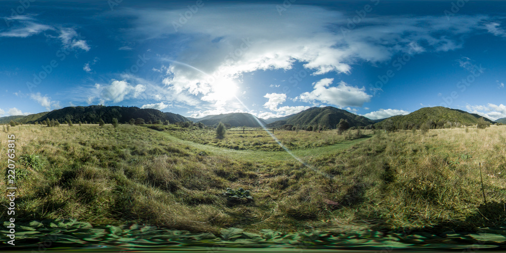 360 VR 8K Valley and sun _ new zealand Stock Photo | Adobe Stock
