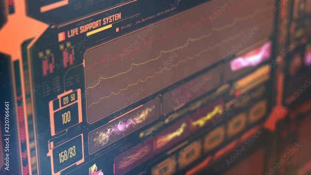 Patient dying, futuristic ICU monitor, vital signs dropping, heart ...