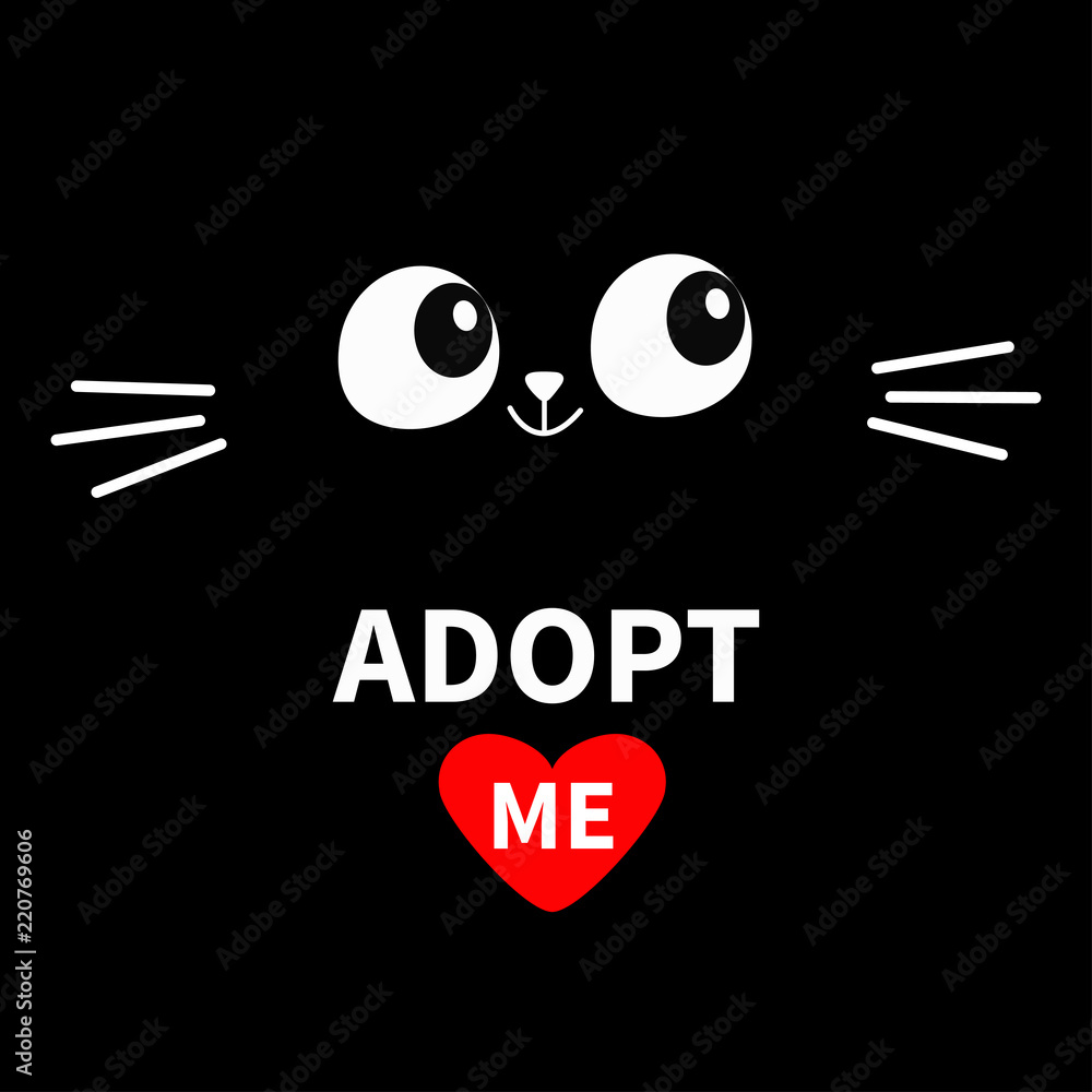 Cat face silhouette. Adopt me. Eyes moustaches in the dark. Pet ...