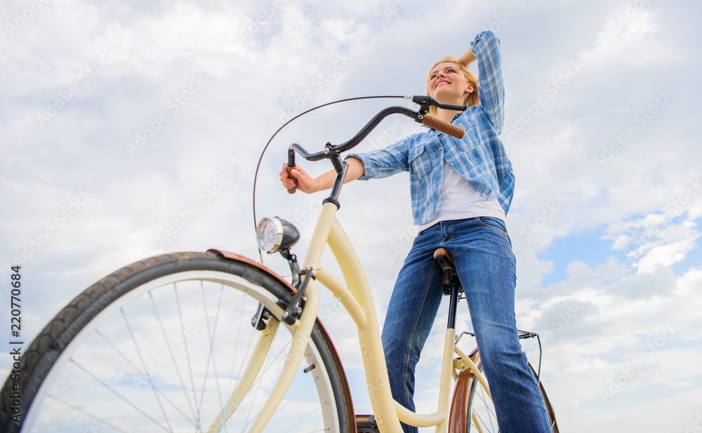 Enjoy cycling cruiser bike. Woman feels free while enjoy cycling. Most ...