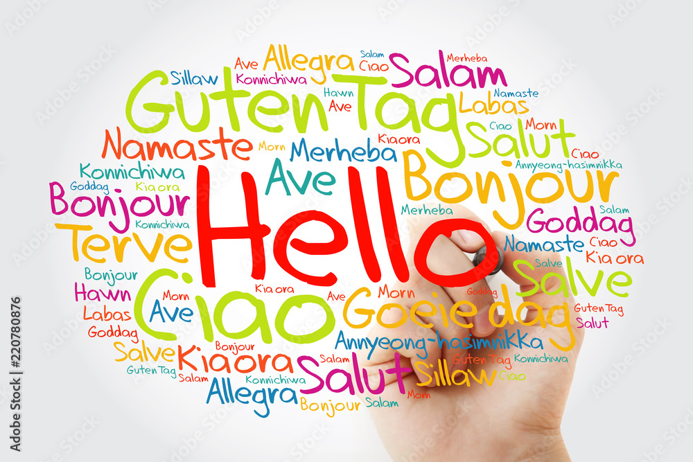 Hand writing Hello word cloud in different languages of the world with ...