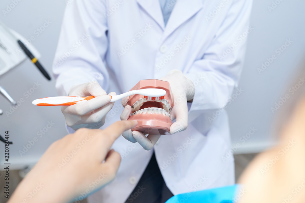 Faceless shot of dentist in white gown holding teeth model and ...