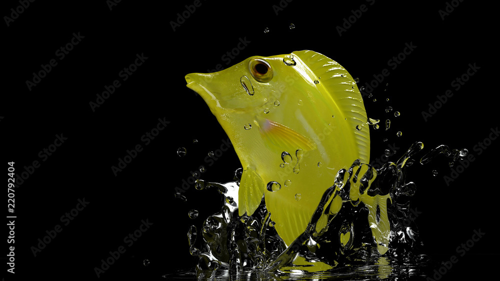 Shiny and wet yellow tang tropical aquarium fish jumping out of ...