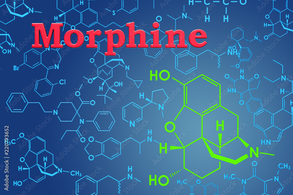 Morphine. Chemical formula, molecular structure. 3D rendering Stock Illustration | Adobe Stock