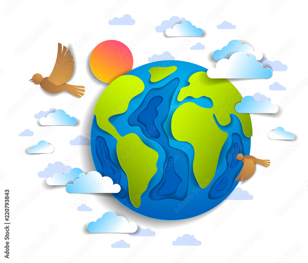 Cartoon earth clouds birds flying and sun vector modern style paper cut ...