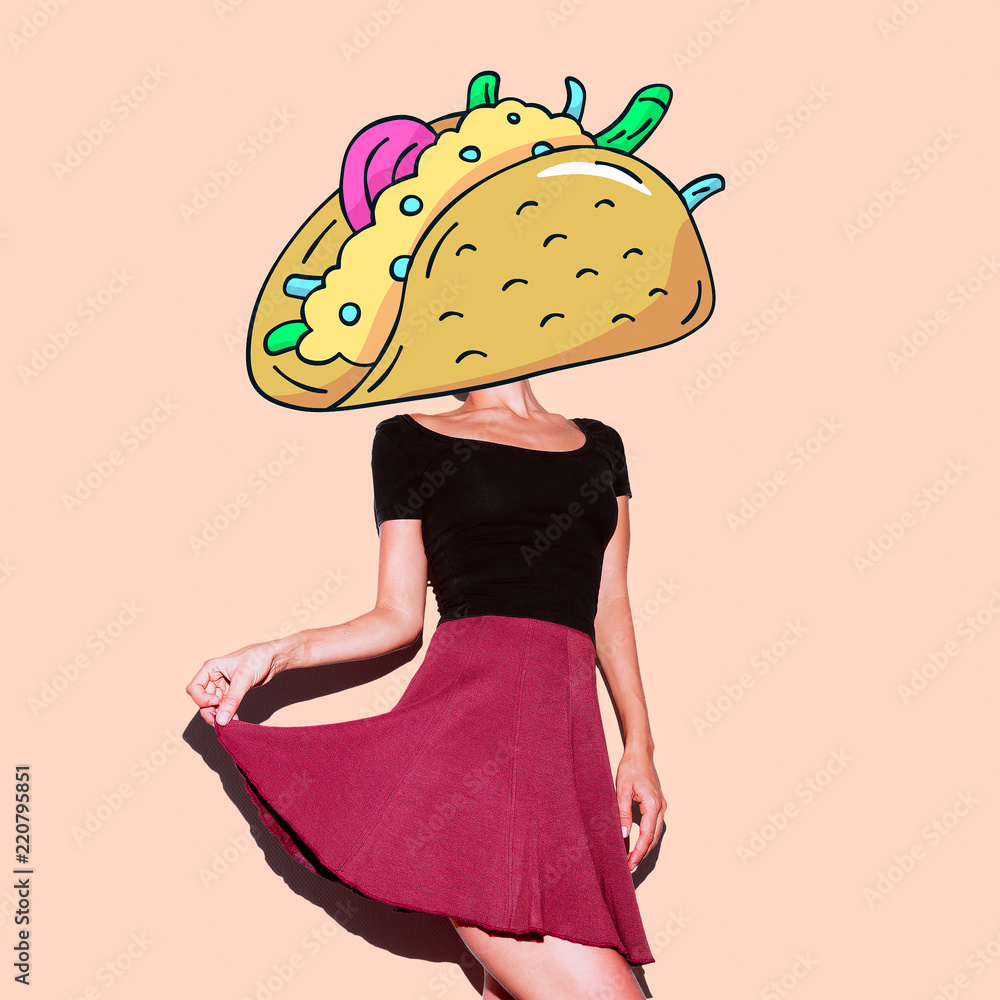 Contemporary art collage. Lady Tacos. Funny Fast food minimal project ...