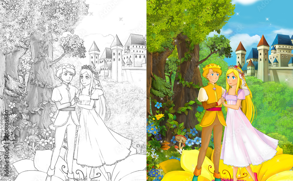 cartoon scene with young elf couple standing in the forest on a flower ...