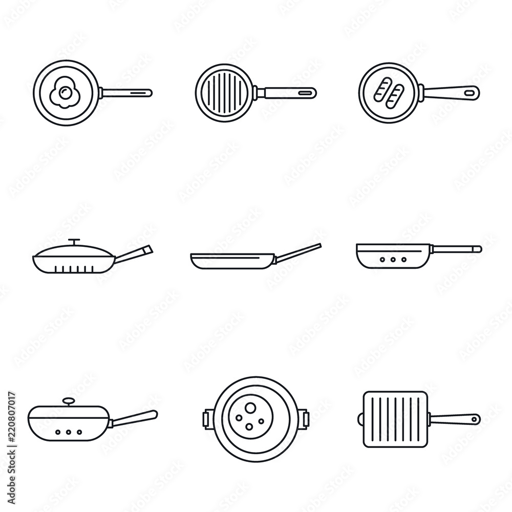 Griddle pan icon set. Outline set of griddle pan vector icons for web ...